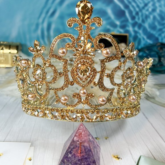 Handmade | Accessories | Xl Royal Queen Gold Crown Wedding Crystal ...
